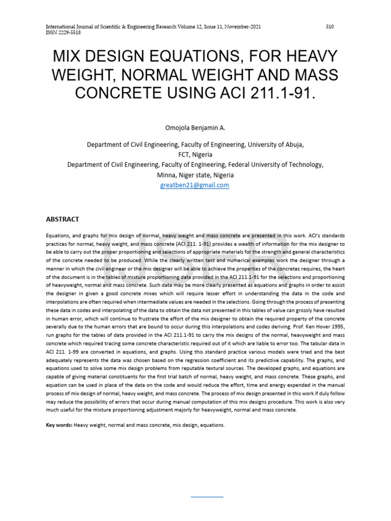 Mix Design Equations For Heavy Weight Normal Weight and Mass Concrete ...