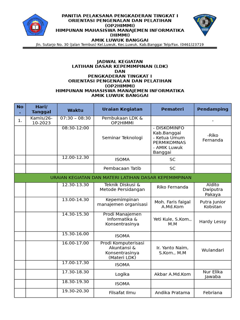 Agenda Kegiatan Pengkaderan | PDF