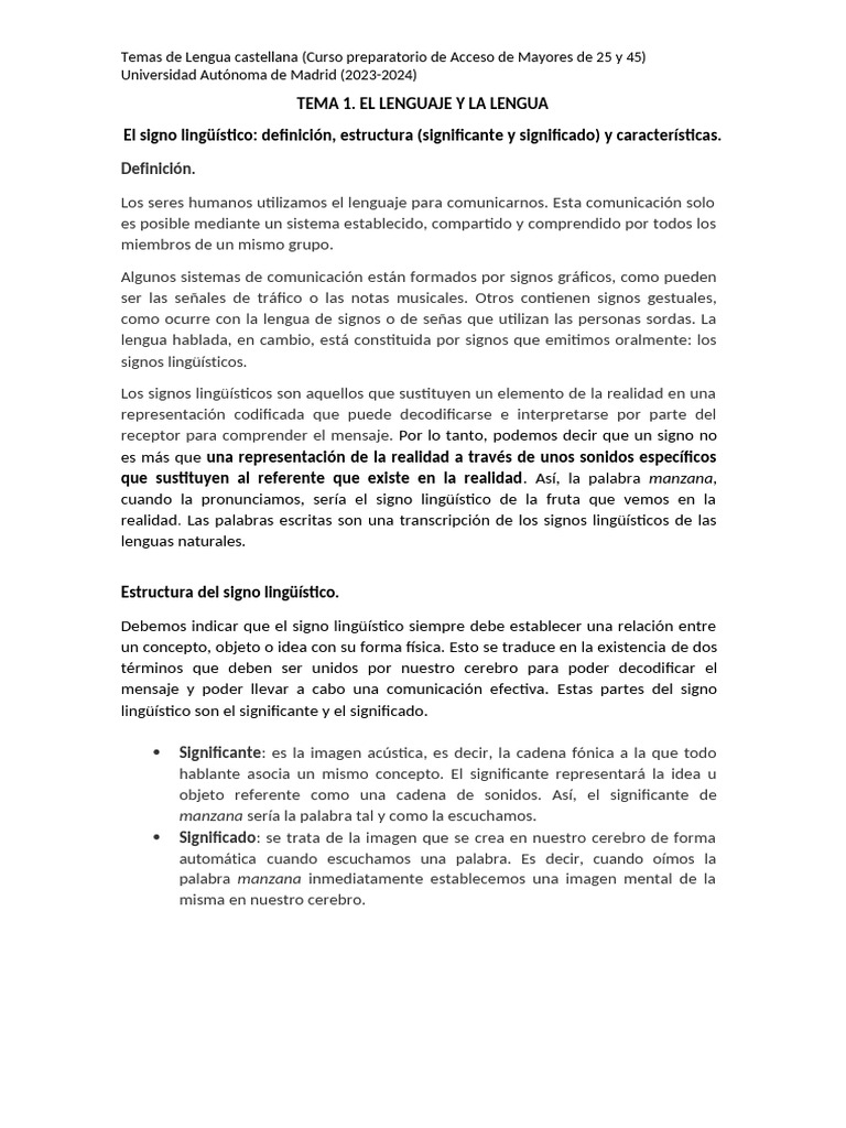Tema 1. El Signo Lingã Ã Stico - Revisado Por RocÃ o | PDF | Palabra | Estudios de idiomas ...