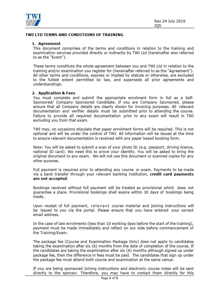 TWI Ltd Training Terms and Conditions | PDF | Legal Liability | Career ...
