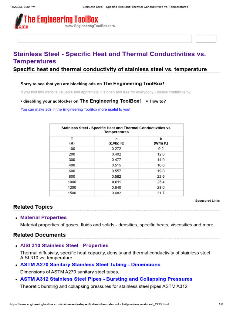 Stainless Steel - Specific Heat and Thermal Conductivities vs. Temperatures | PDF