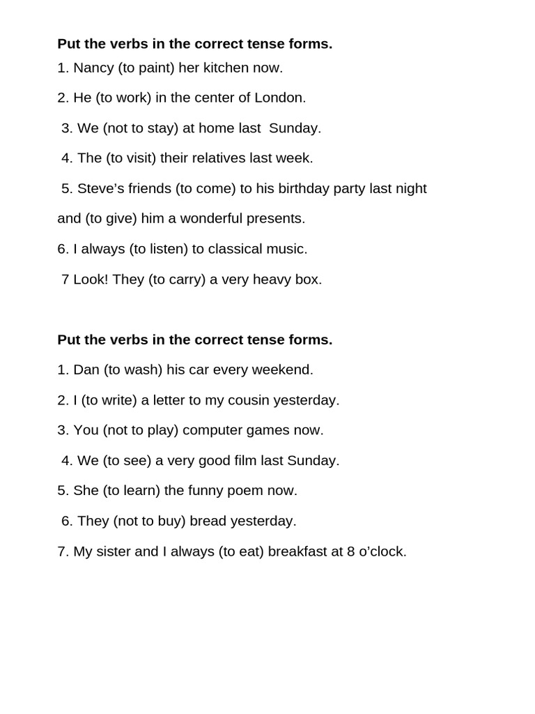 Put The Verbs In The Correct Tense Forms PDF
