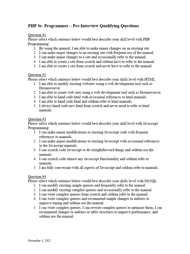 PHP SR Programmer - Pre Qualifying Questionnaire | PDF