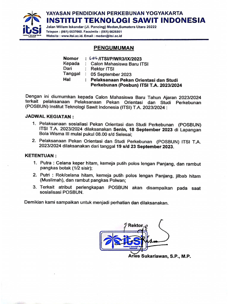 686 PENGUMUMAN 'Pelaksanaan Posbun Itsi 2023-2024' | PDF