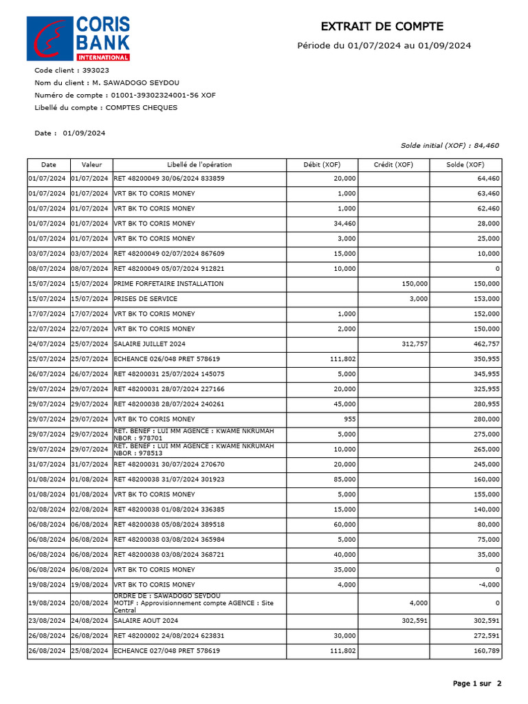 Extrait de Compte: Code Client: 393023 Nom Du Client: M. SAWADOGO SEYDOU | PDF