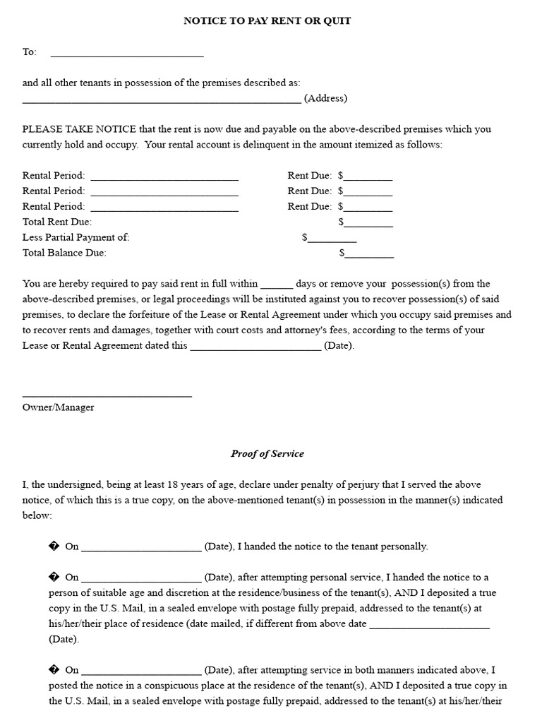 Notice to Pay Rent or Quit | PDF
