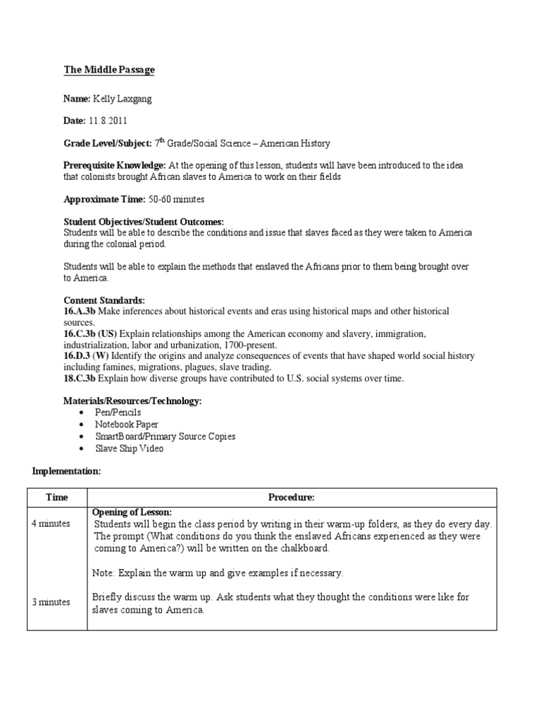 Middle Passage Lesson Plan for 7th Grade | PDF | Slavery | Atlantic ...
