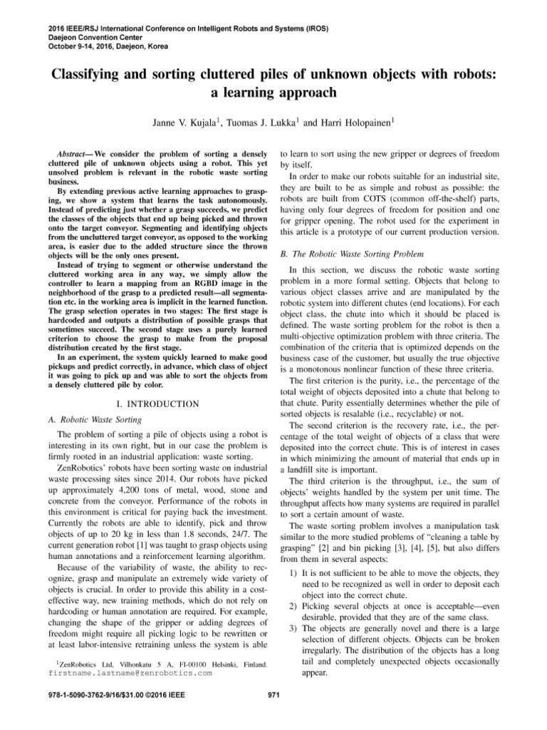 Classifying and Sorting Cluttered Piles of Unknown Objects With Robots A Learning Approach | PDF