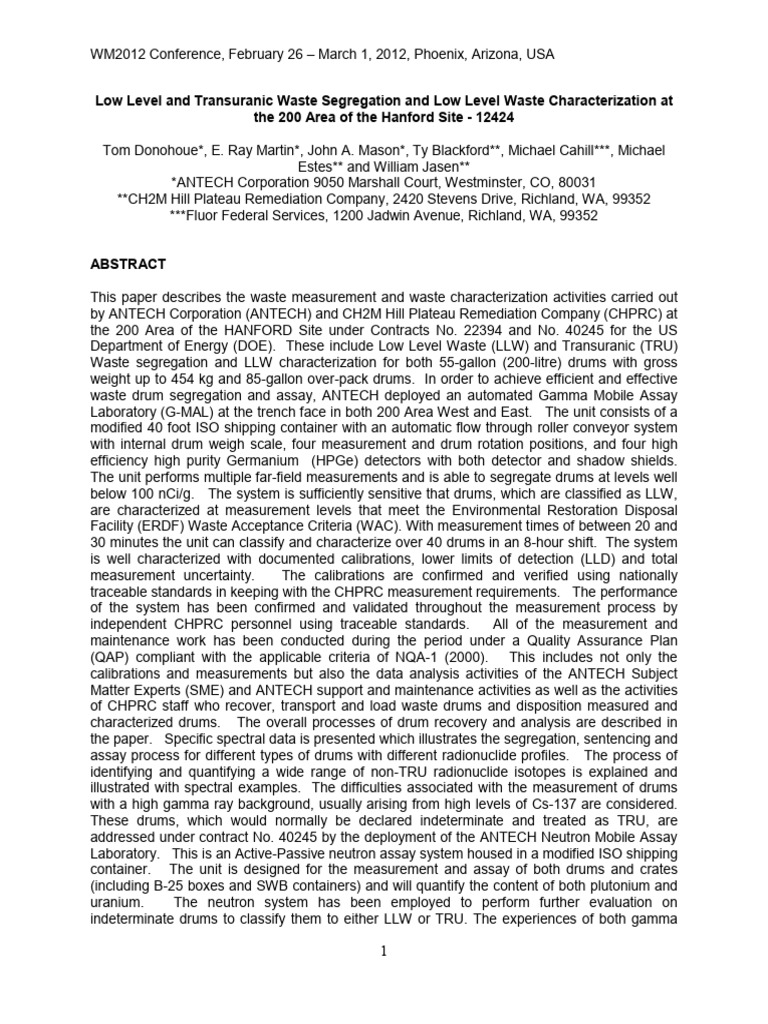 Low Level and Transuranic Waste Segregation and Low Level Waste ...
