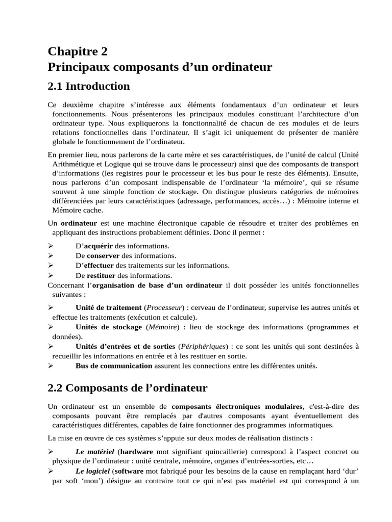 Chapitre 2 Cours Darchitecture Des Ordinateurs LAU | PDF