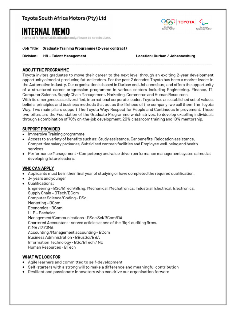 Toyota Graduate Training Programme 2025 | PDF | Business | Economies