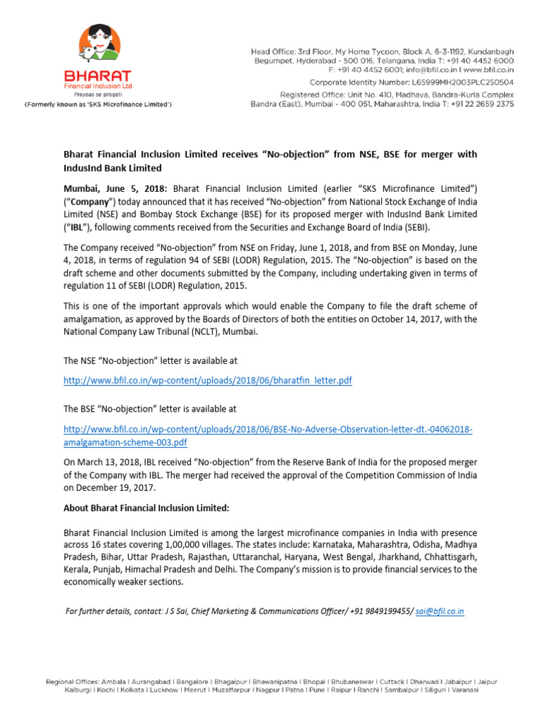 Bharat Financial Inclusion Limited Receives "No-Objection" From Nse, Bse For Merger With ...