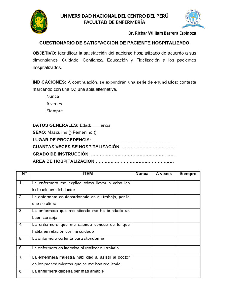 CUESTIONARIO DE SATISFACCION DE PACIENTE HOSPITALIZADO | PDF
