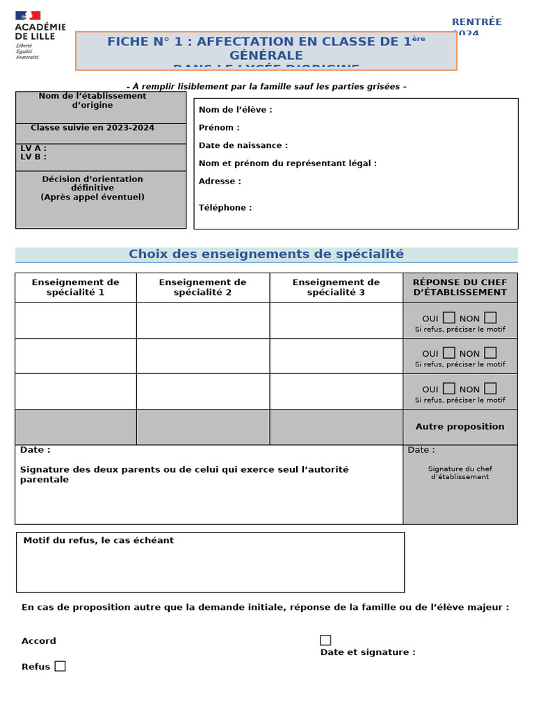 FICHE D' AFFECTATION #1 - 1ère GENERALE 2024 | PDF
