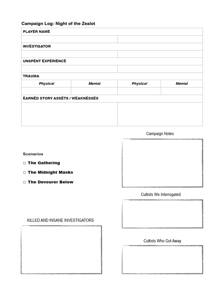 Arkham Horror LCG Campaign Log 01 Night of The Zealot | PDF