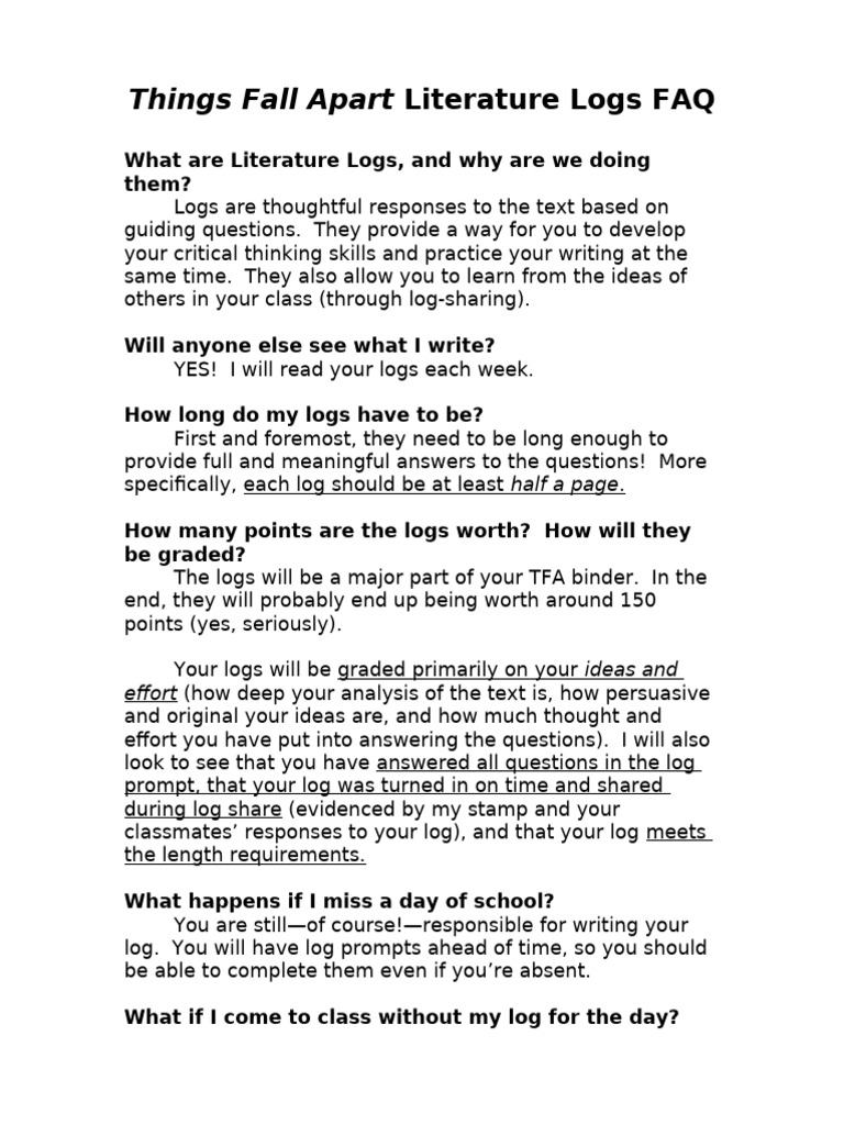 Things Fall Apart: Literature Logs FAQ | PDF