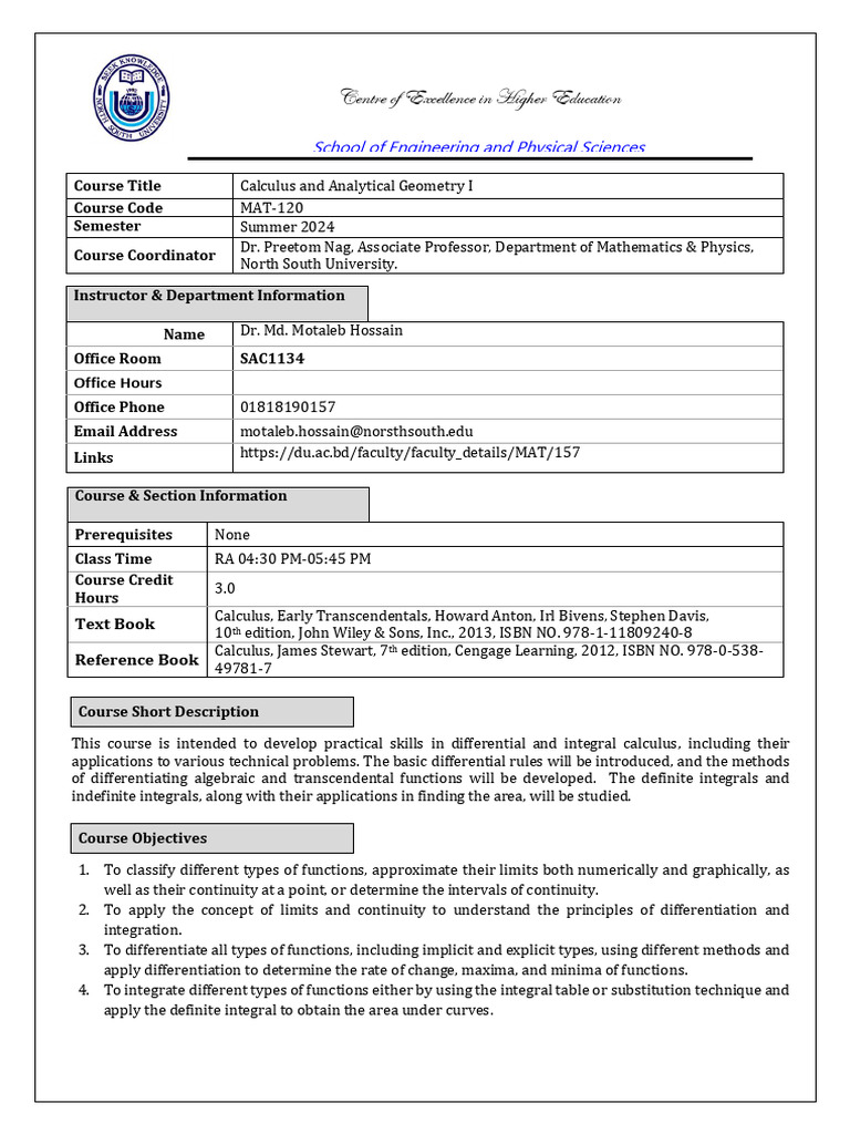 Course Outline MAT 120 Summer 2024 - Sec 22 | PDF