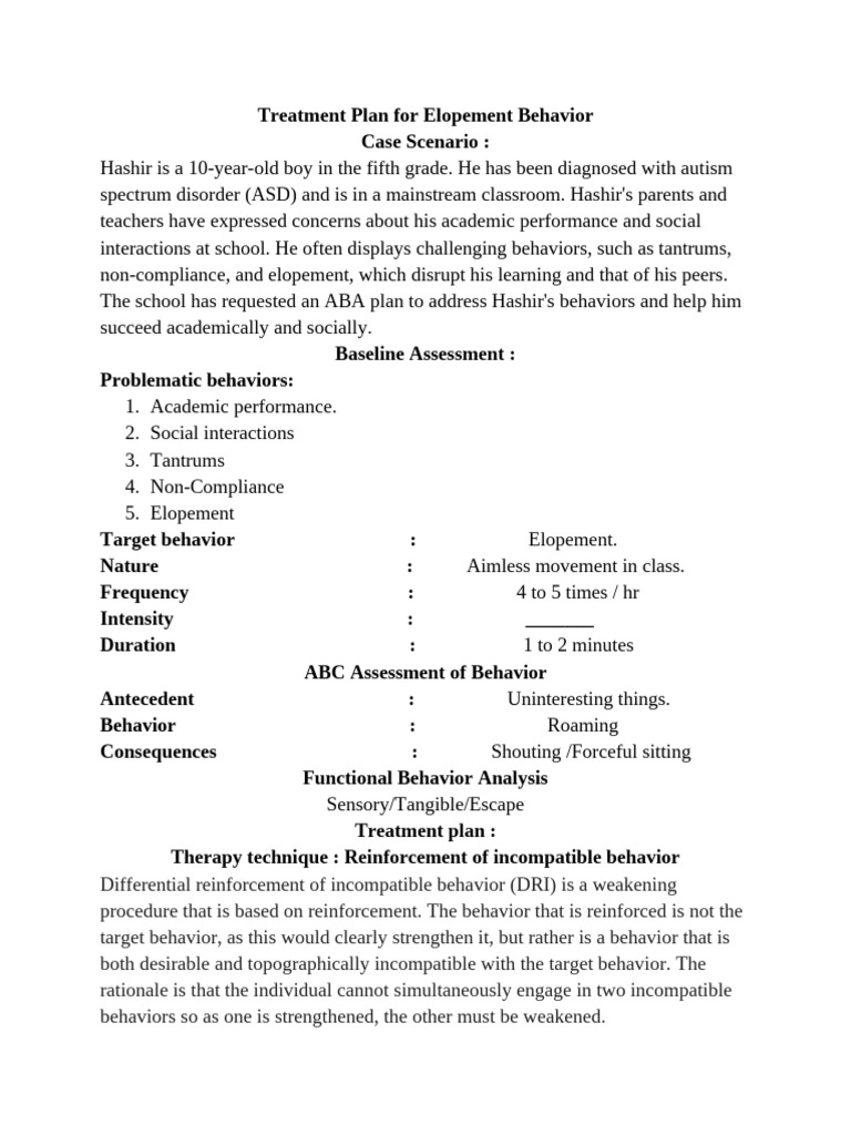 Treatment Plan For Elopement in ASD Child. | PDF