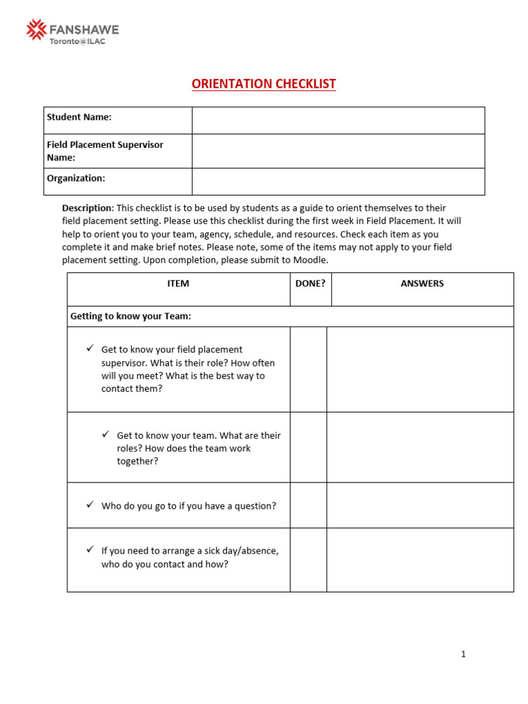 Orientation Checklist Fanshawe Toronto AMH GIP | PDF
