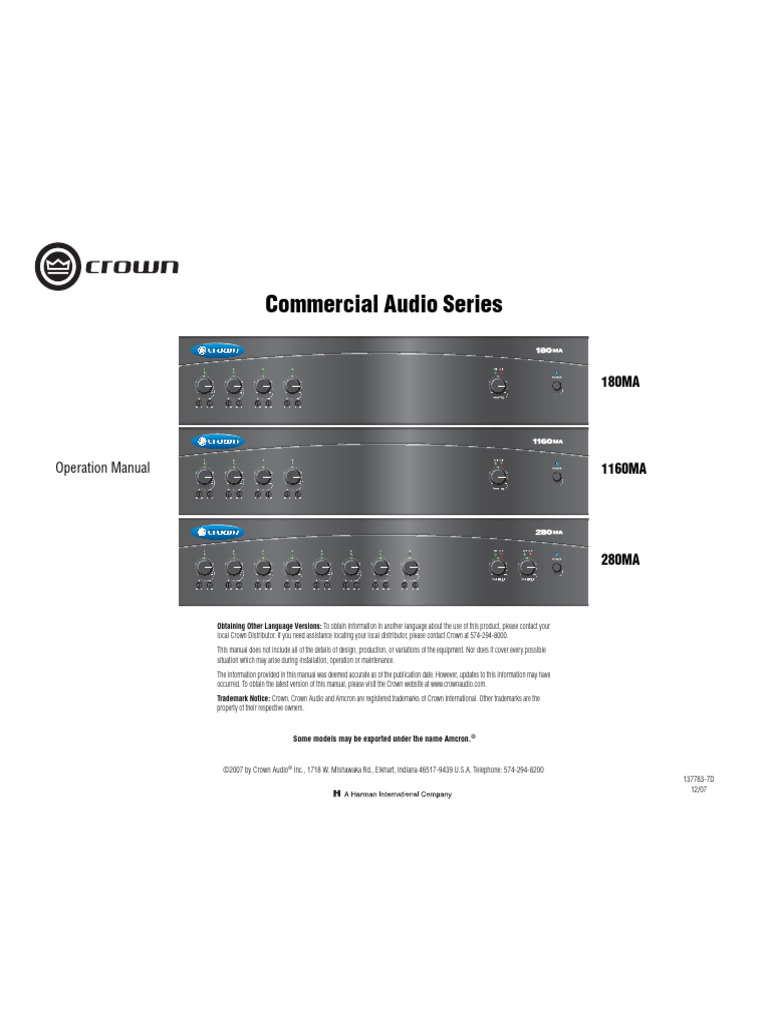 Crown 280MA Operation Manual | PDF | Amplifier | Electrical Connector