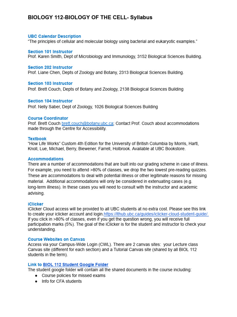 BIOL 112 Syllabus 2024 Term 1 | PDF
