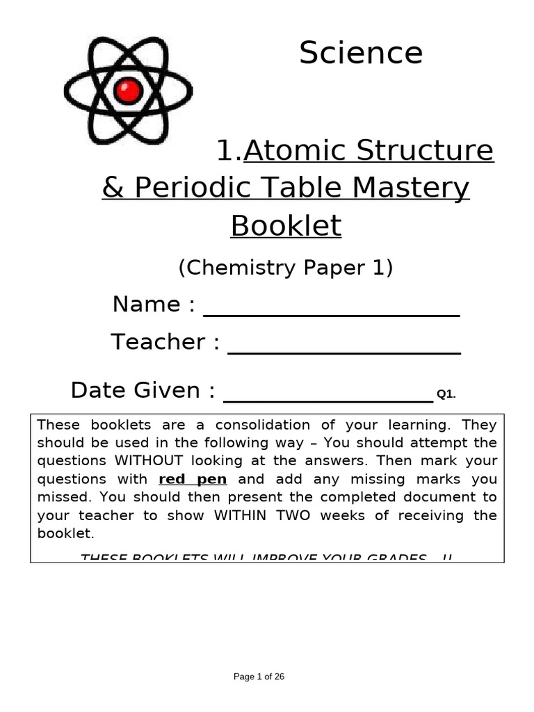 Atomic Structure Perdiodic Table Paper 1 | PDF