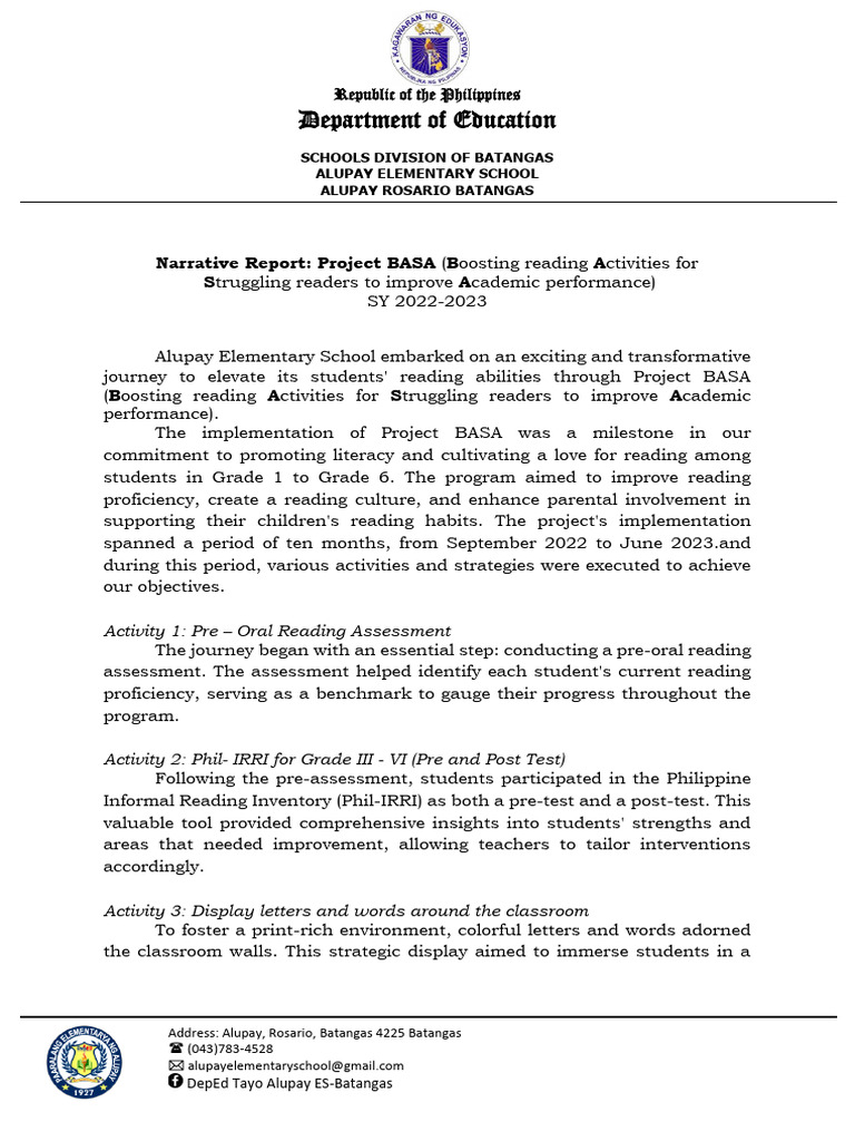 Narrative Report Project BASA Year End Report | PDF | Phonics | Applied Linguistics