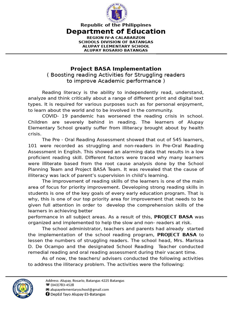 Project BASA Implementation | PDF | Literacy | Education Theory