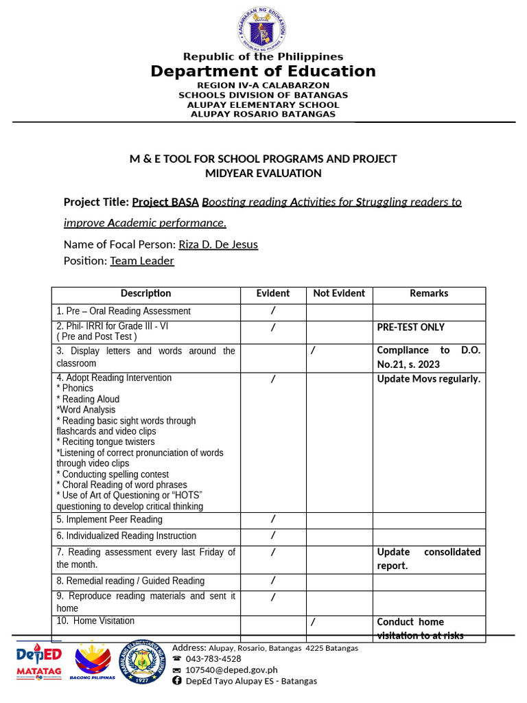 Midyear M&e Tool@project Basa | PDF | Cognitive Science | Wellness
