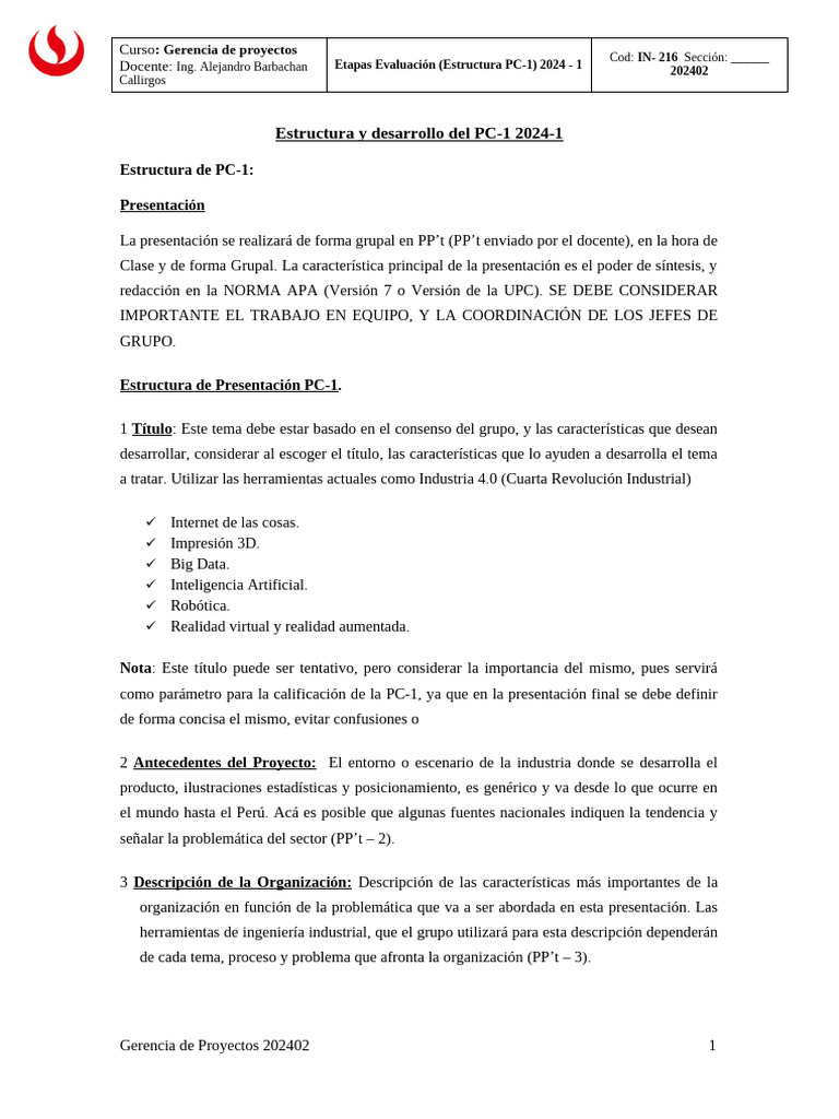 1.a. - Enuciado de PC-1 (Estructura PC-1) 202402 | PDF | Ingeniería ...