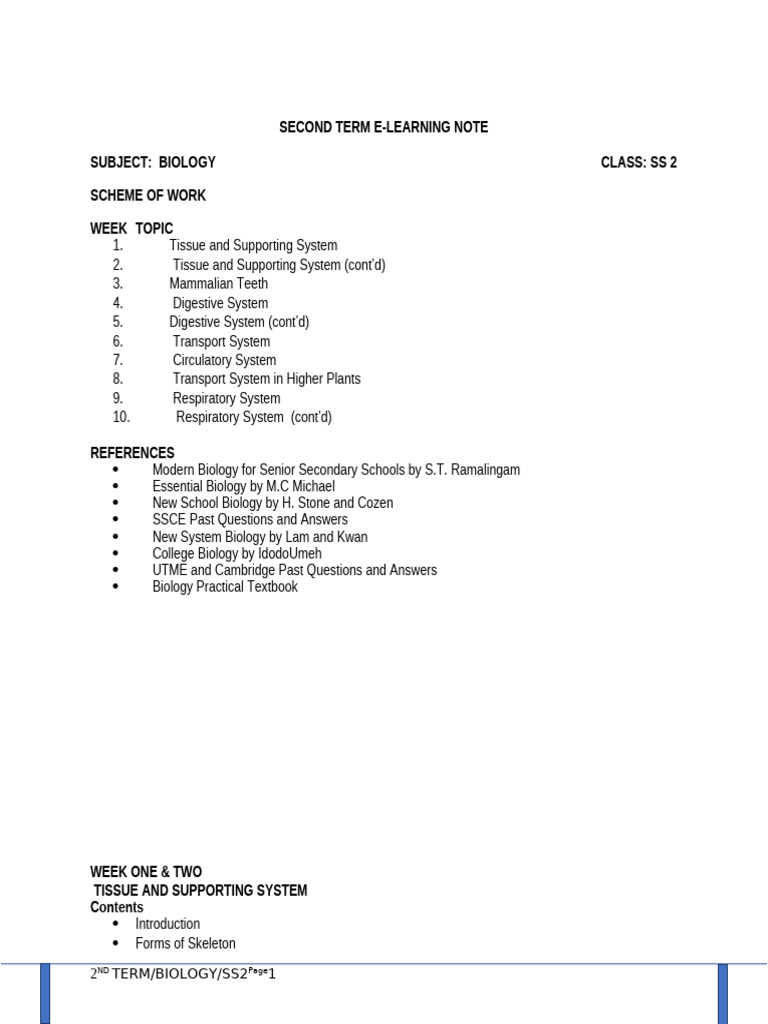 Second Term SS2 Biology | PDF | Vertebra | Social Science