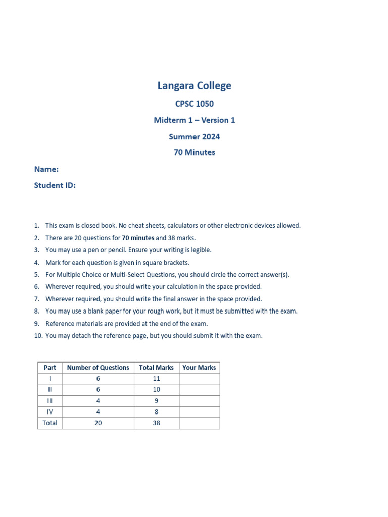 1050 Midterm1 Ver1 A | PDF