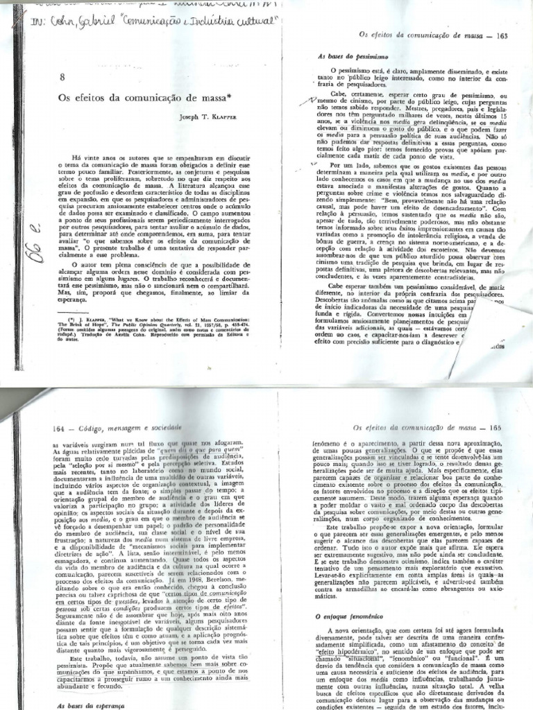 KLAPPER, Joseph. Os Efeitos Da Comunicação de Massa. In. COHN, Gabriel ...