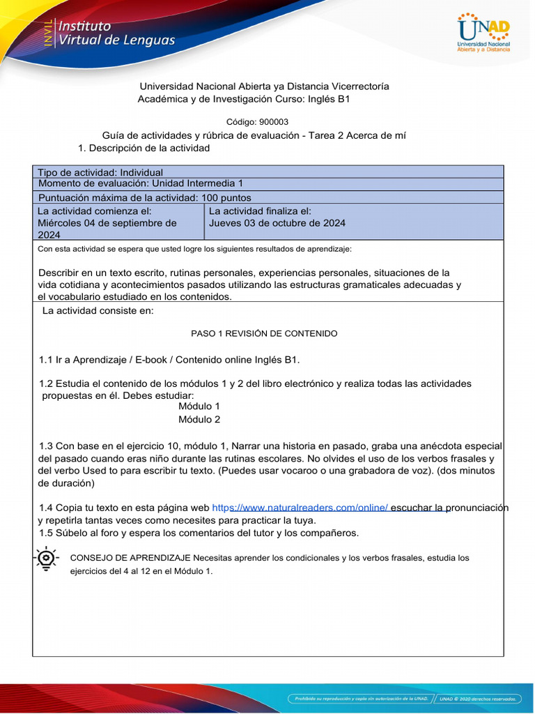 Activity Guide and Evaluation Rubric-Unit 1 - Task 2-About Me. | PDF