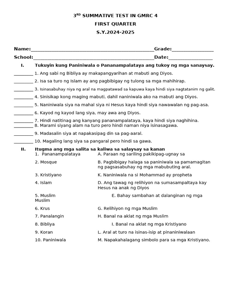 3RD Summative Test in GMRC 4, Sy. 2024-2025 | PDF