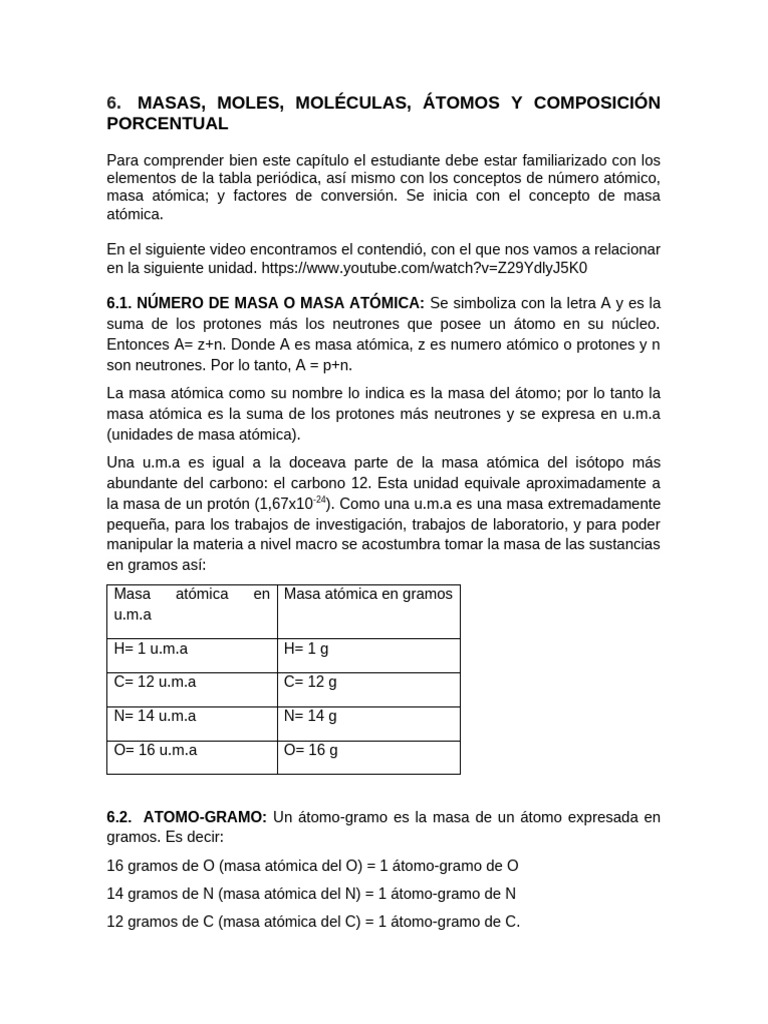 Masa, Moles, Moleculas, Atomos y Composición Porcentual | PDF