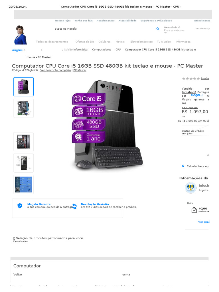 Computador CPU Core I5 16GB SSD 480GB Kit Teclao e Mouse - PC Master ...