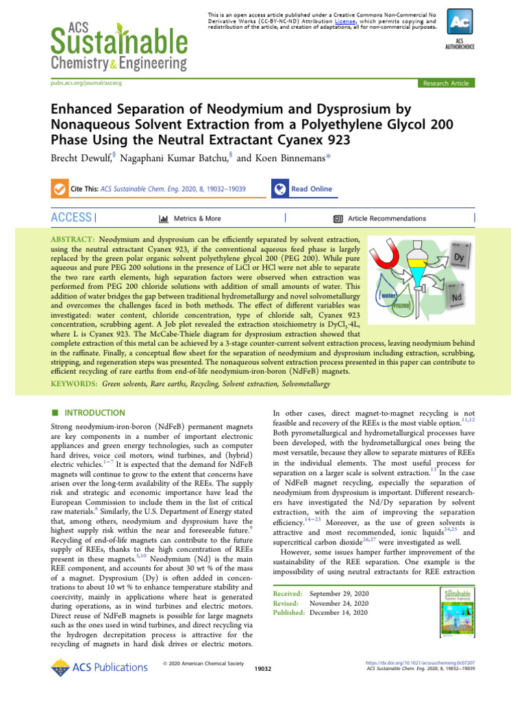 Dewulf Et Al 2020 Enhanced Separation of Neodymium and Dysprosium by ...