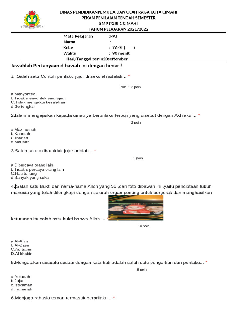 Soal PTS Ganjil Pai 7 2021 | PDF