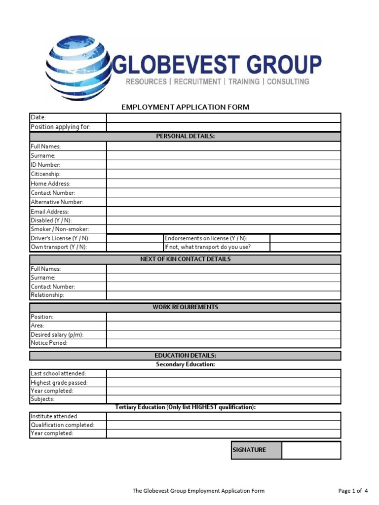 The Globevest Group - Employment Application Form 26072023 | PDF ...