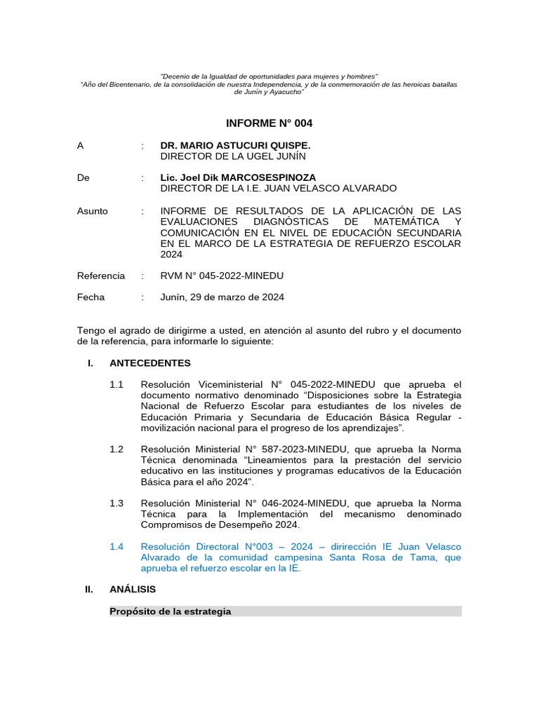 Formato para INFORME de RESULTADOS de La Evaluación Diagnóstica | PDF