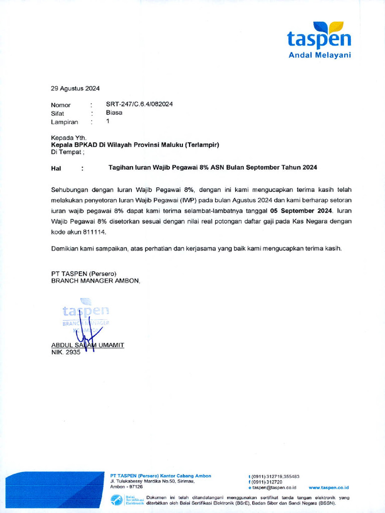 Surat Tagihan Iuran Wajib Pegawai Wilayah Kerja Provinsi Maluku September 2024 | PDF