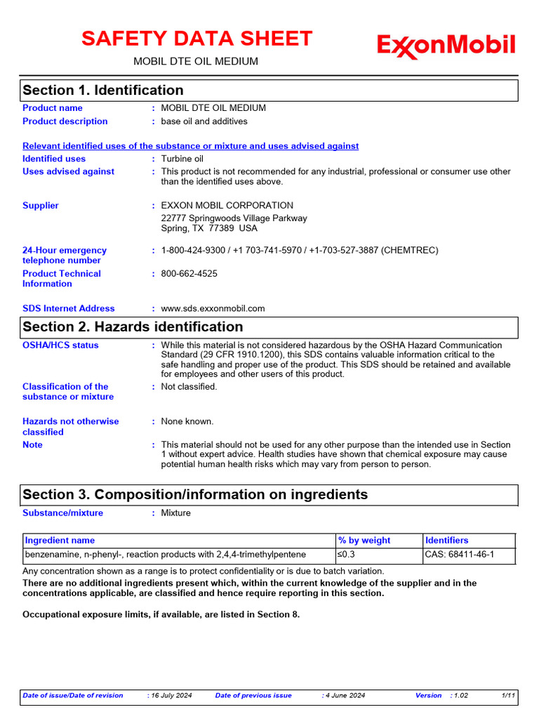 DTE OIL MEDIUM - MSDS (16 July 2024) | PDF