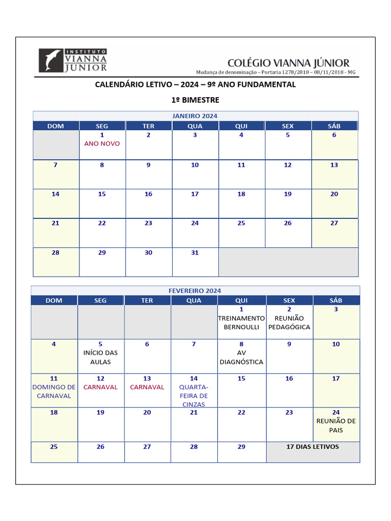 Calendário avaliações 1º bimestre | PDF