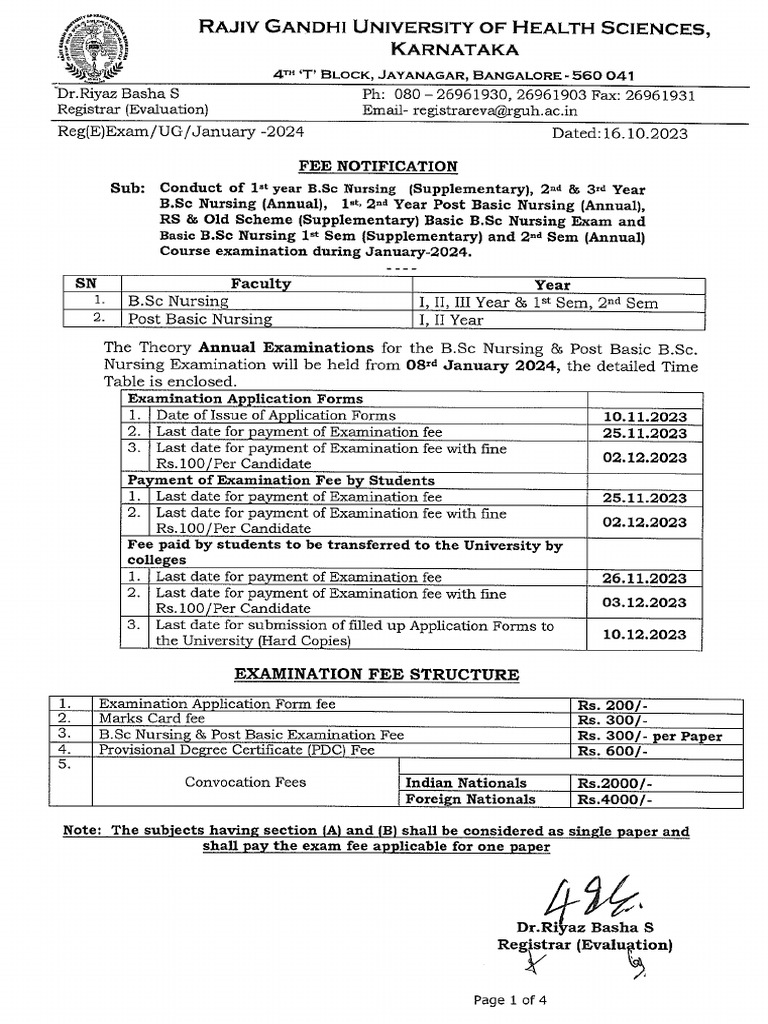 Fee Notification Timetable For Conduct of B.SC Nursing Examination ...