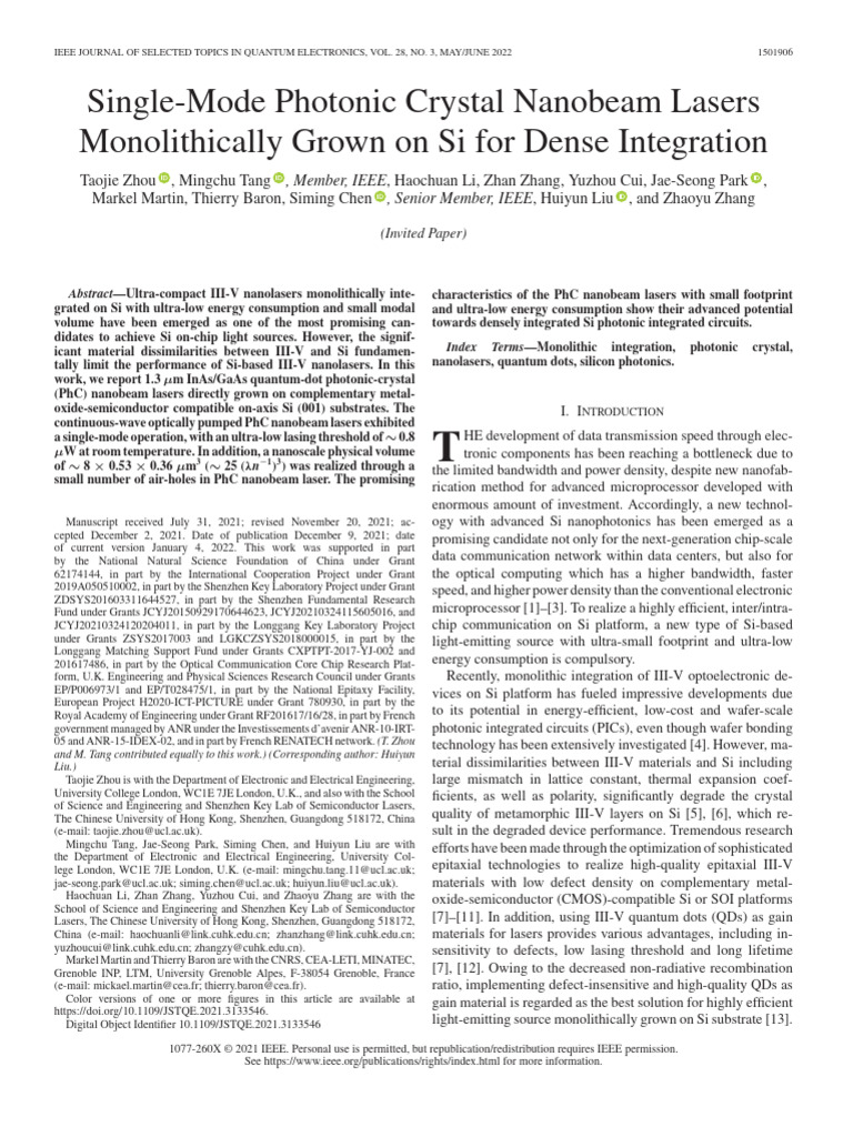 Single-Mode_Photonic_Crystal_Nanobeam_Lasers_Monolithically_Grown_on_Si_for_Dense_Integration | PDF