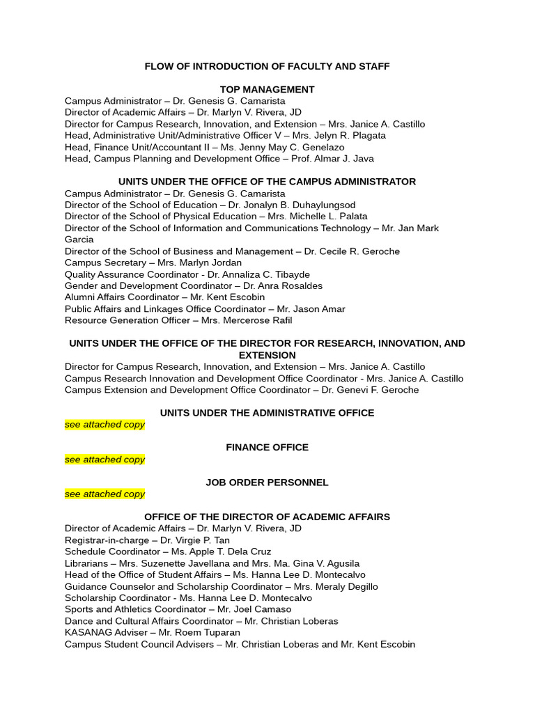 Flow of Introduction of Faculty and Staff 2024 1 | PDF