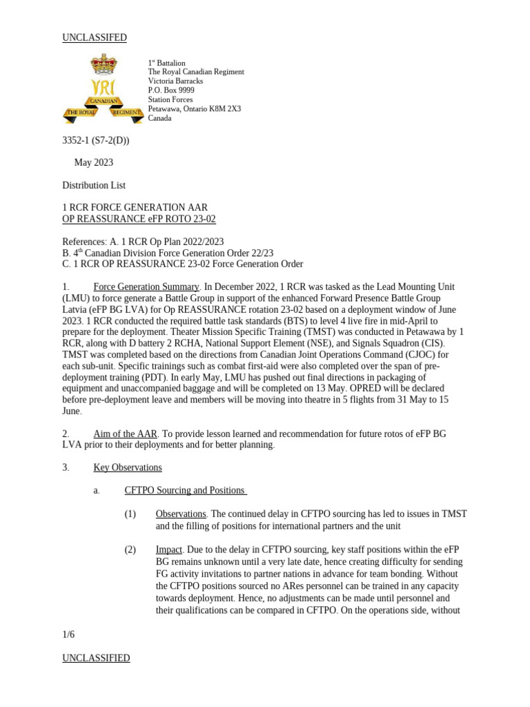 Force Generation AAR - Op Reassurance Roto - 2302 | PDF | Military ...