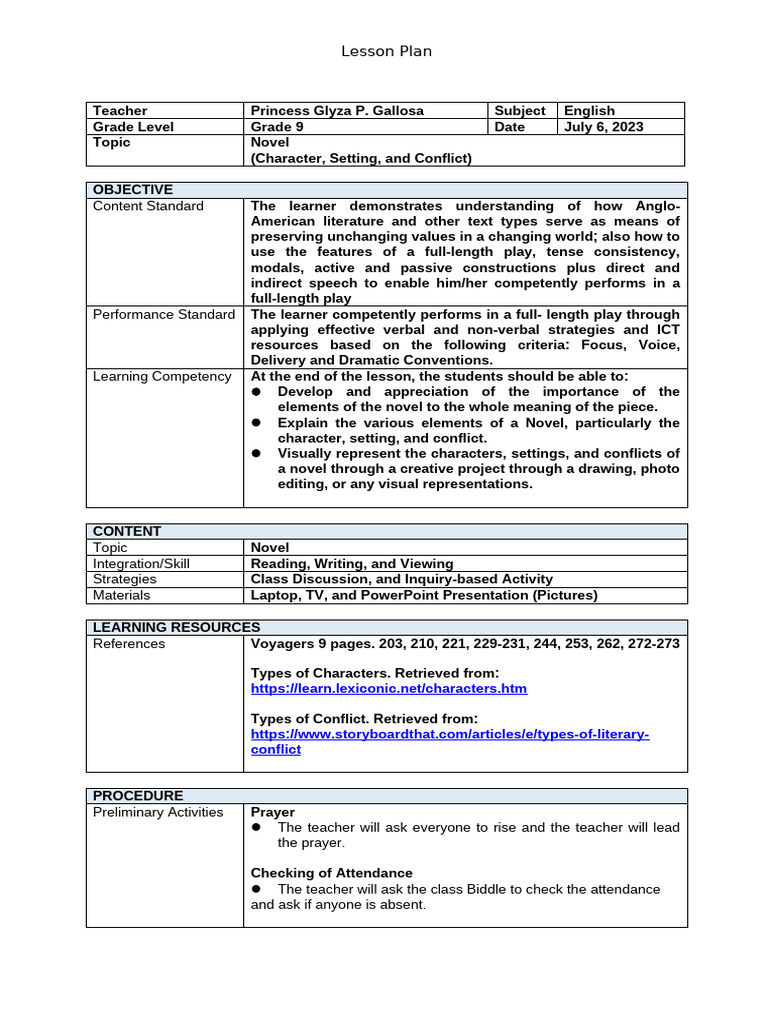 Grade 9 English Novel Elements Lesson | PDF | Learning