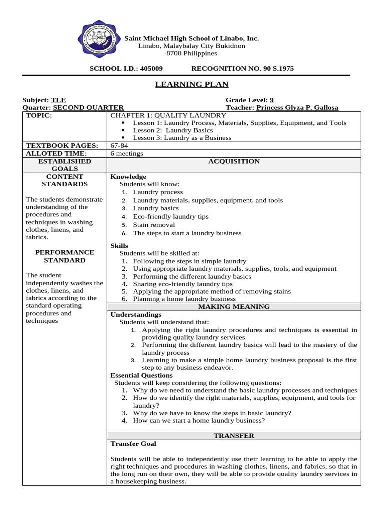 Quarter 2 Tle Learning Plan | PDF | Nursing | Career & Growth